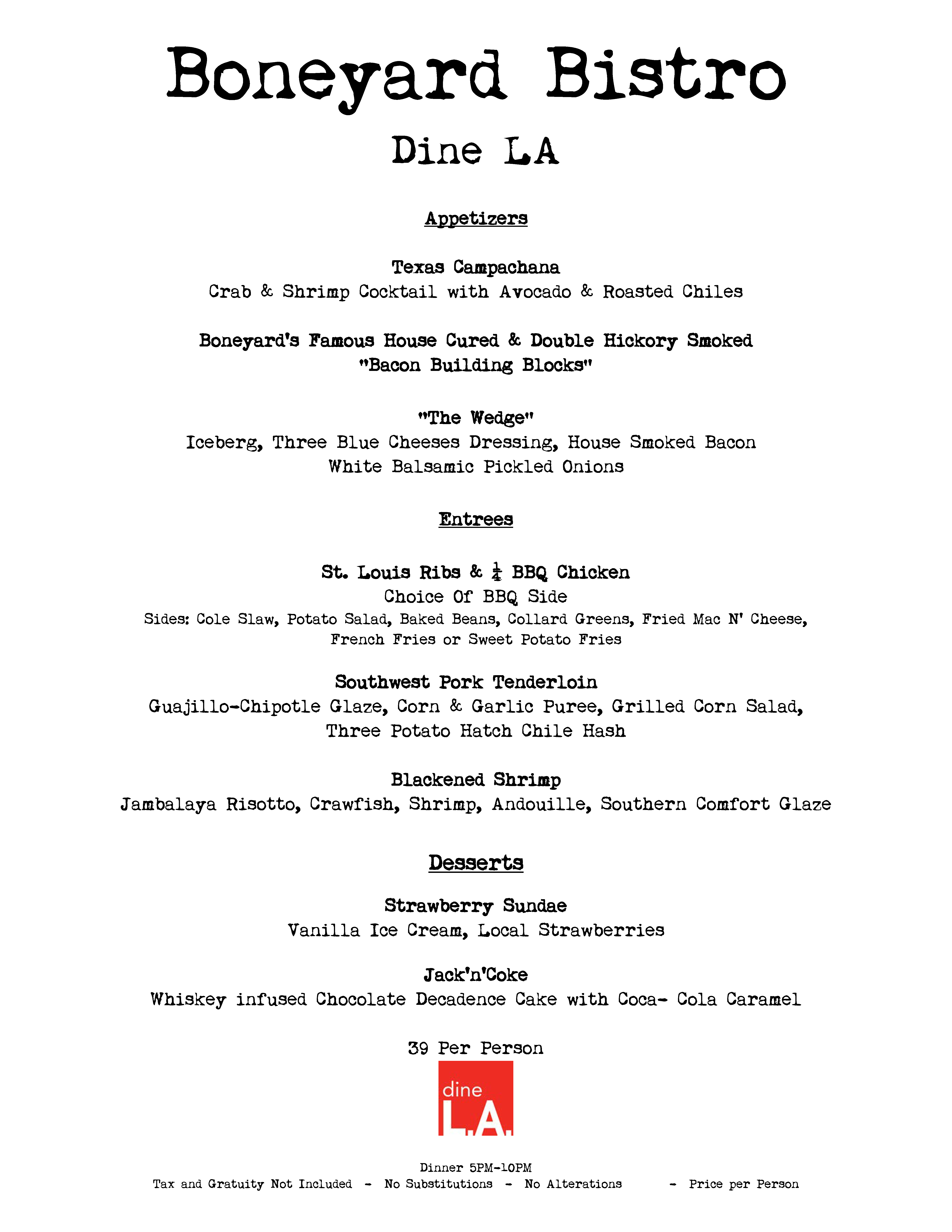 Boneyard Bistro dineL.A. menu | Discover Los Angeles